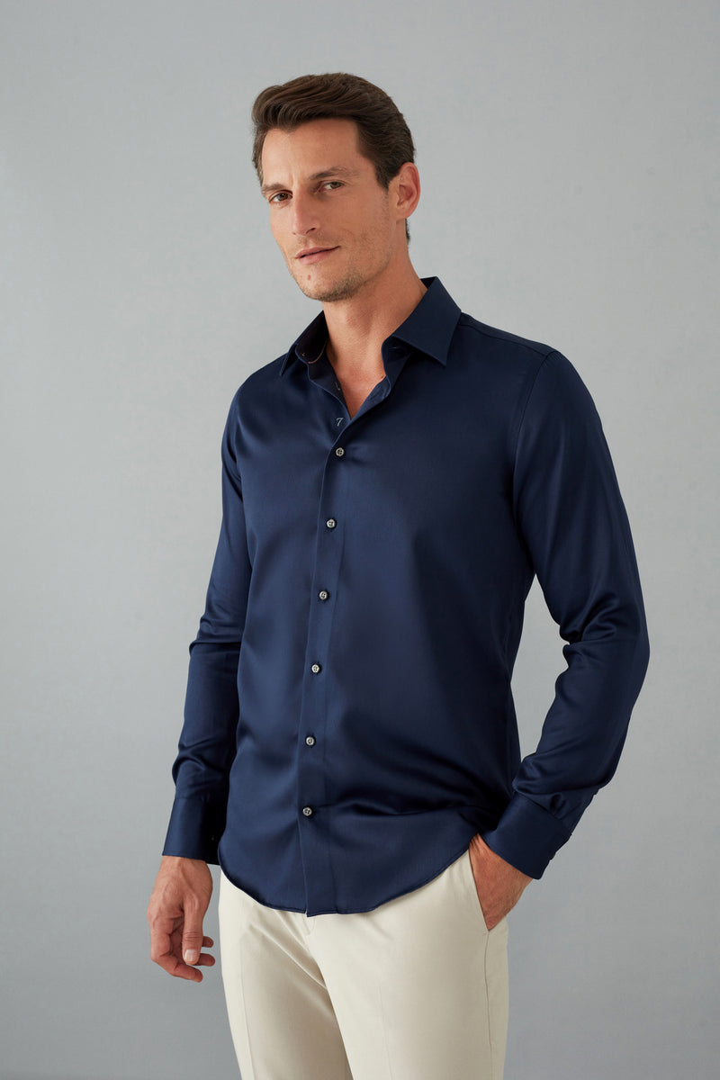 Camicia Uomo Mattia Essential Satin Blu No Stiro – 7 Camicie